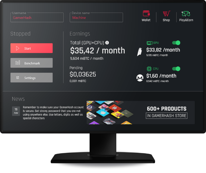 GamerHash - mine crypto - laptops, desktops, ASIC and GPU support